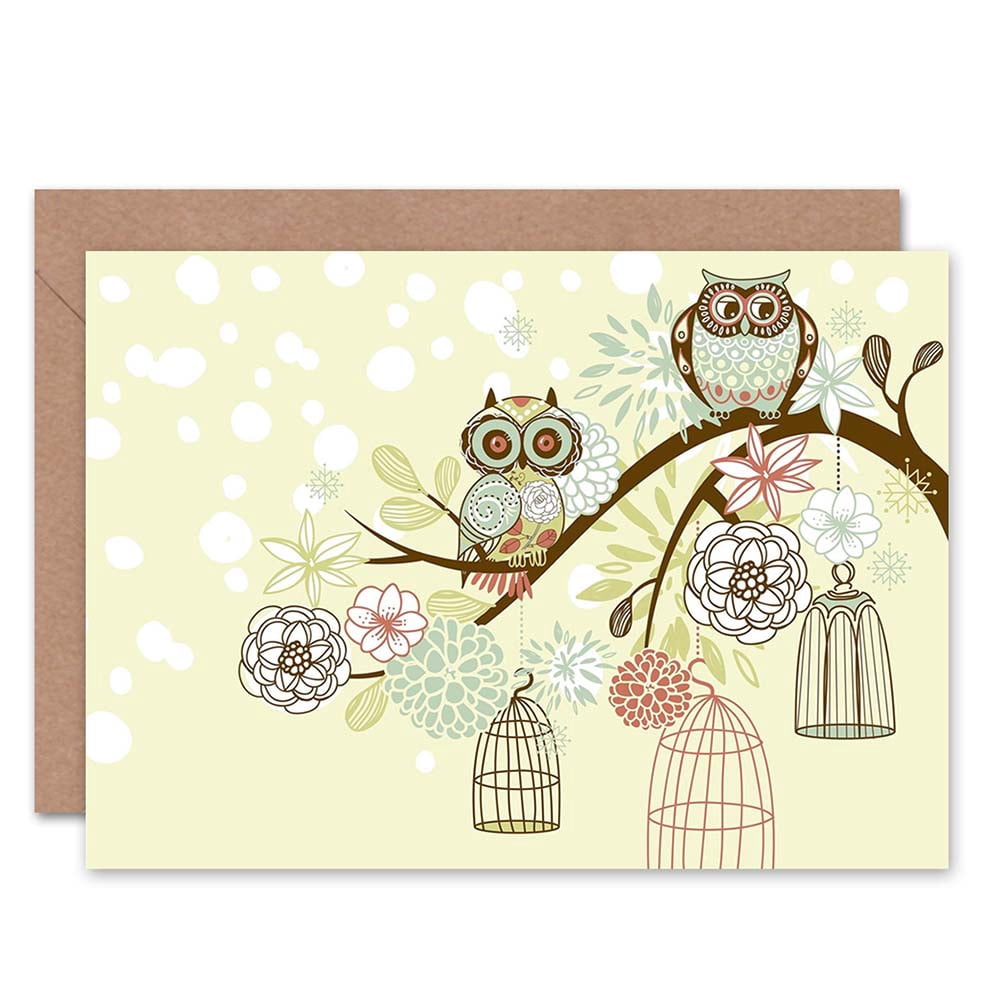 Cute Owl Branch Cages Greetings Card Plus Envelope Blank inside ...