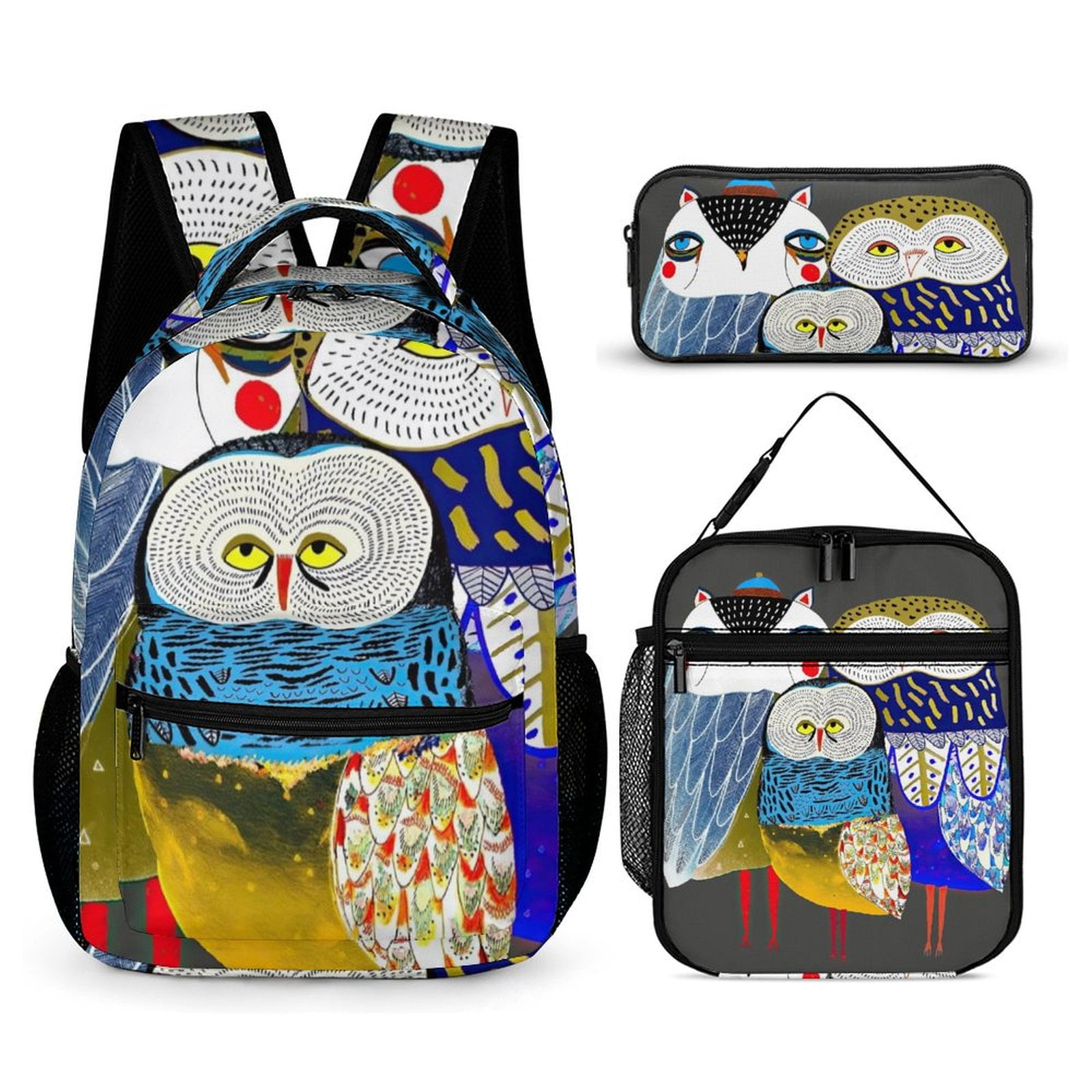 Cute Owl Family Colorful Abstract (2) 3 Piece Backpack Set Anime Casual ...