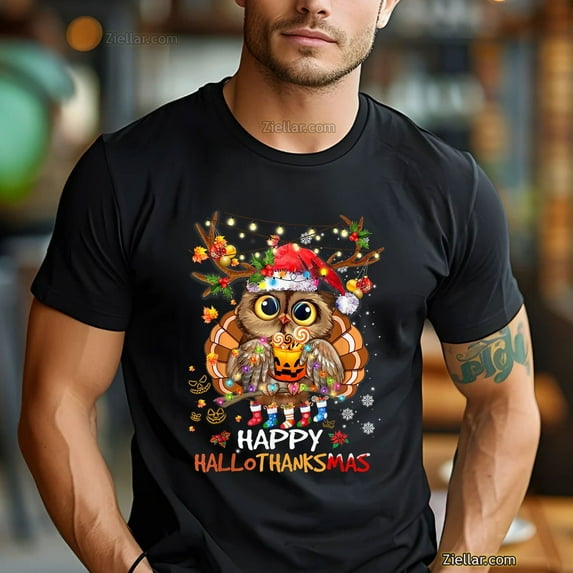 Cute Owl Hallothanksmas T-Shirt, Funny Halloween Thanksgiving Christmas ...