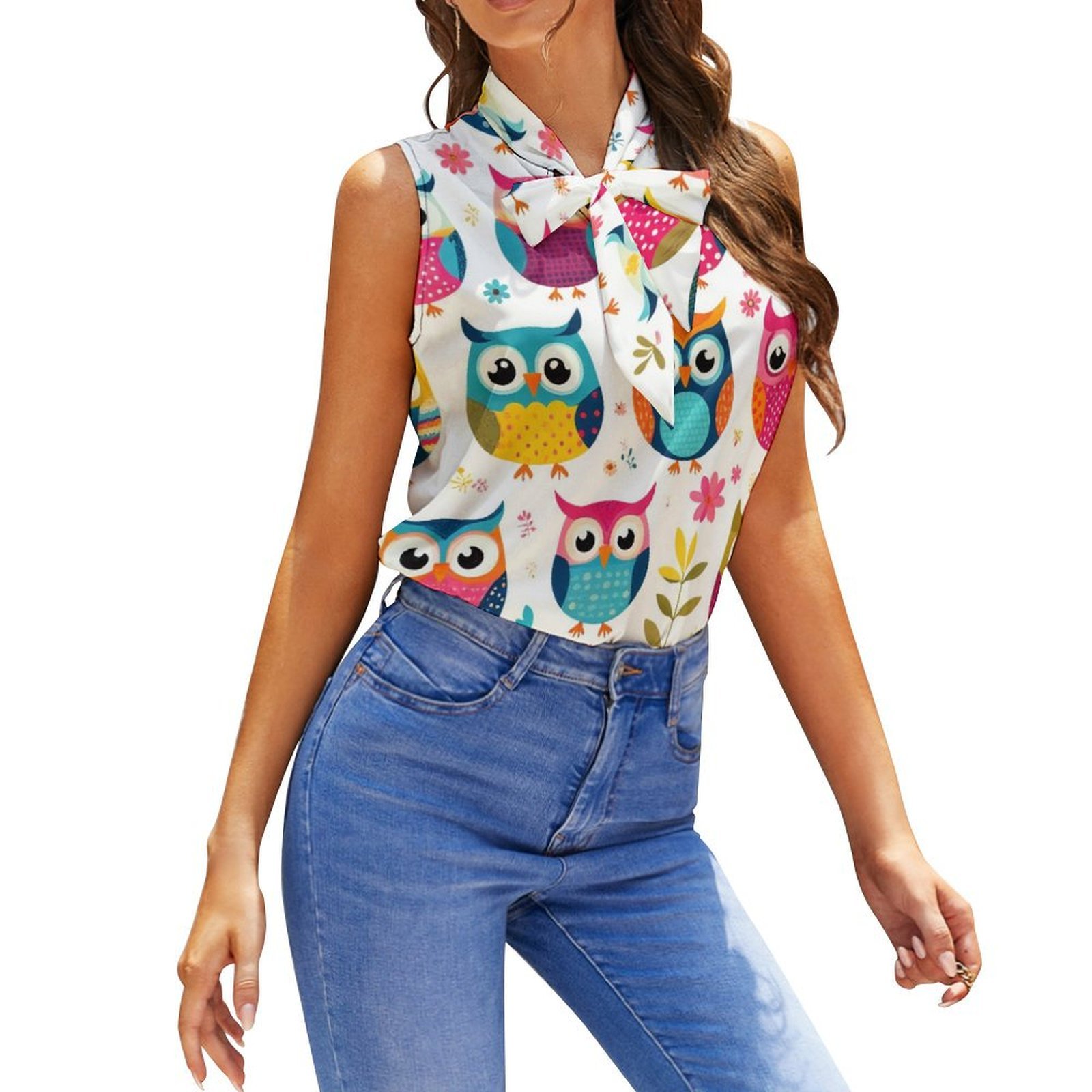 Cute Owl Pattern Blouses Women Bow Tops Elegant Sleeveless Office Work ...