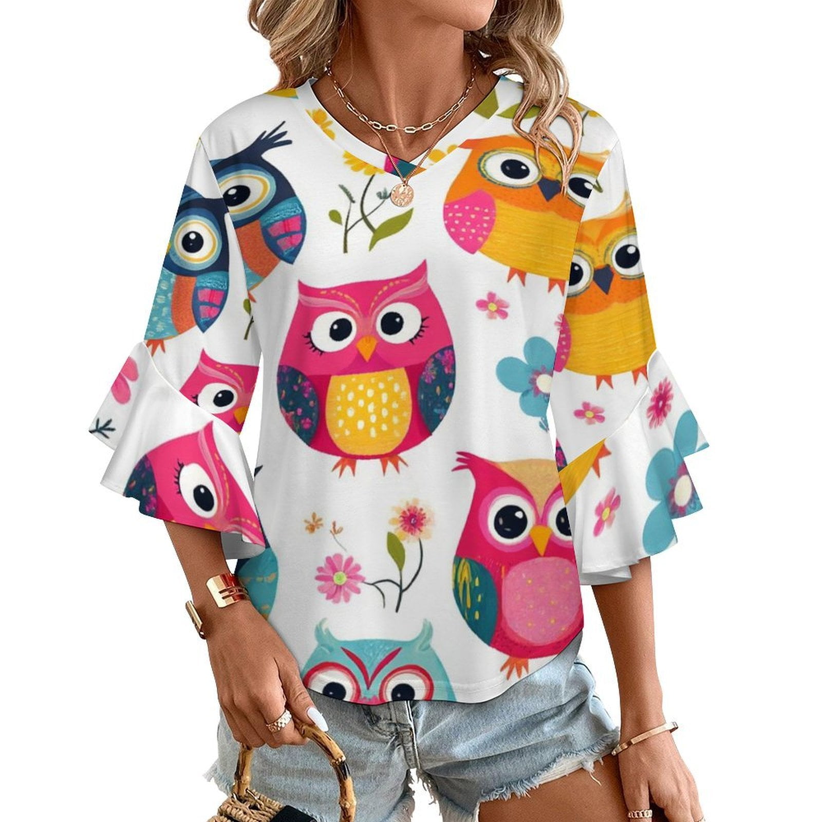 Cute Owl Pattern Women's V-Neck Blouse With 3/4 Ruffled Bell Sleeves ...
