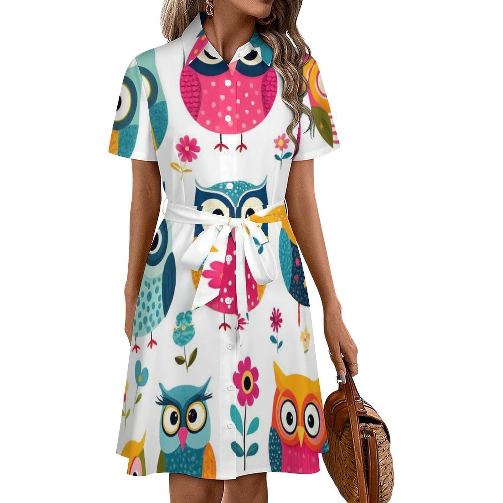 Cute Owl Pattern Womens Shirt Dresses Women'S Short Sleeve Dress Turn ...