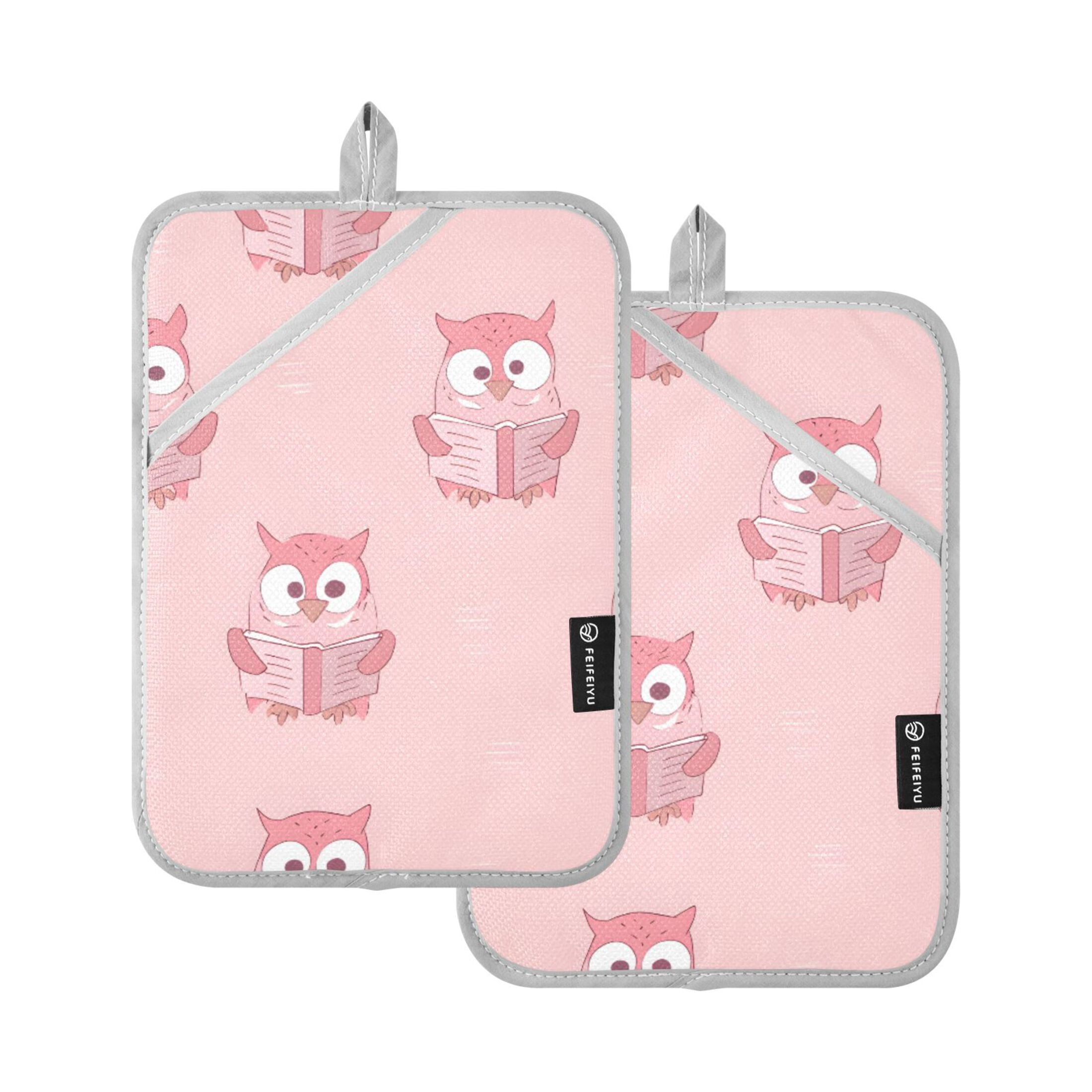 Cute Owl Reading Pot Holder Set 2 Piece Non-Slip Oven Hot Pads Heat ...