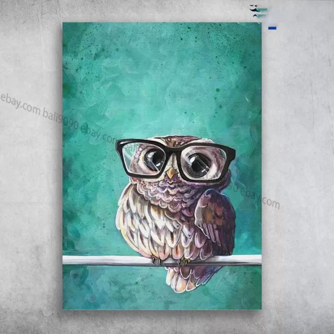 Cute Owl Wearing Glasses - Baby Owl Green Background Home Decor Vintage ...