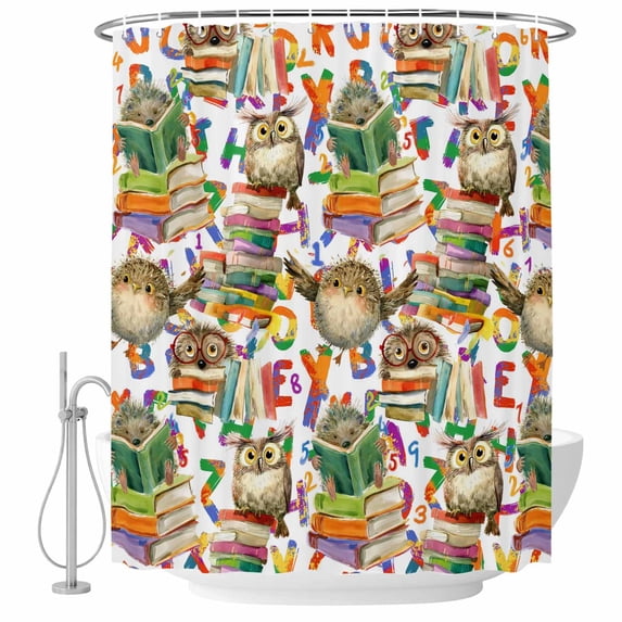 Cute Owls Bathroom Shower Curtains with Hooks, Green Books Hedgehog ...