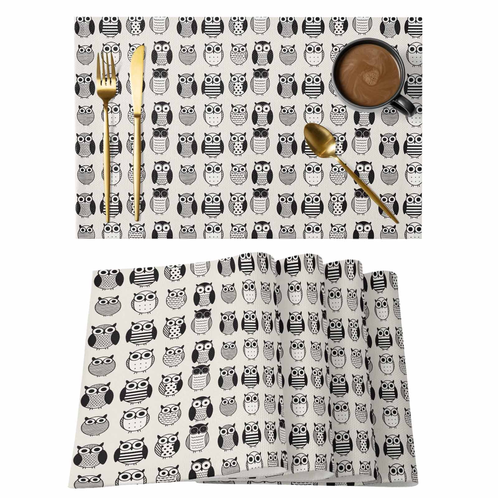 Cute Owls Cotton Linen Placemats Set of 6, Animals Short Paintings ...