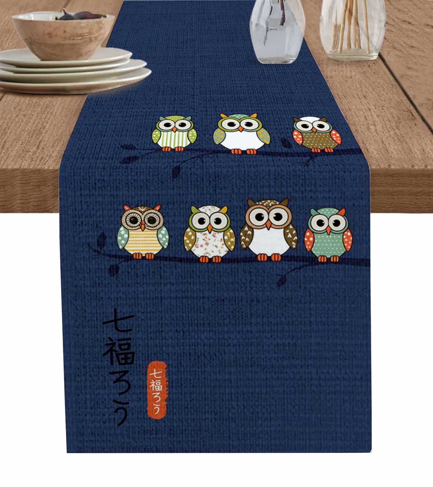 Cute Owls Harmony Table Runner 36 Inches, Japanese Cartoon Birds Navy Bed Runner Dresser Scarves ...