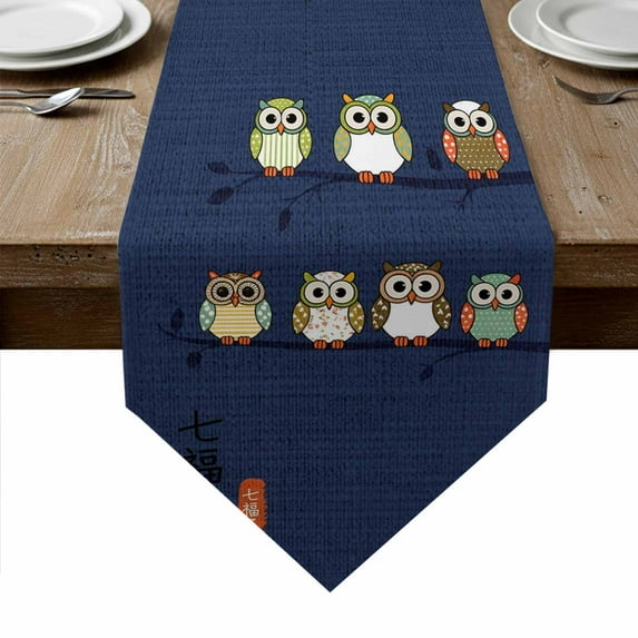 Cute Owls Harmony Table Runner Linen Burlap Table Runner 90 Inches Long ...