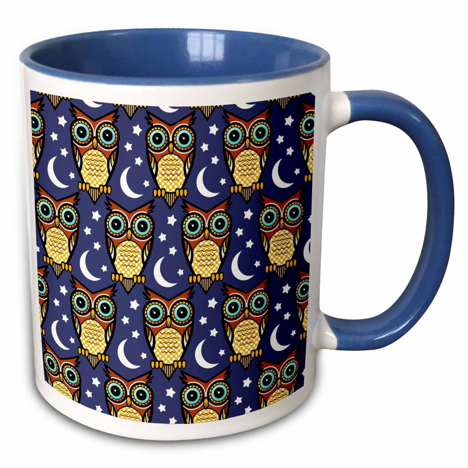 3drose, Cute Owls Pattern with Moon and Stars, 15oz Two-tone Blue Mug ...