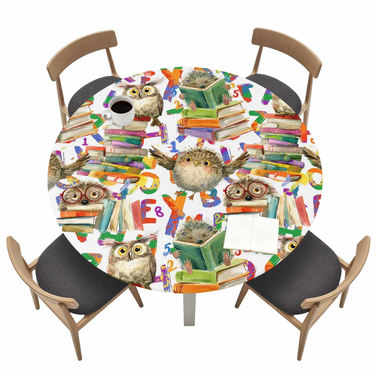 Cute Owls Round Fitted Tablecloth with Elastic Edge Green Books ...