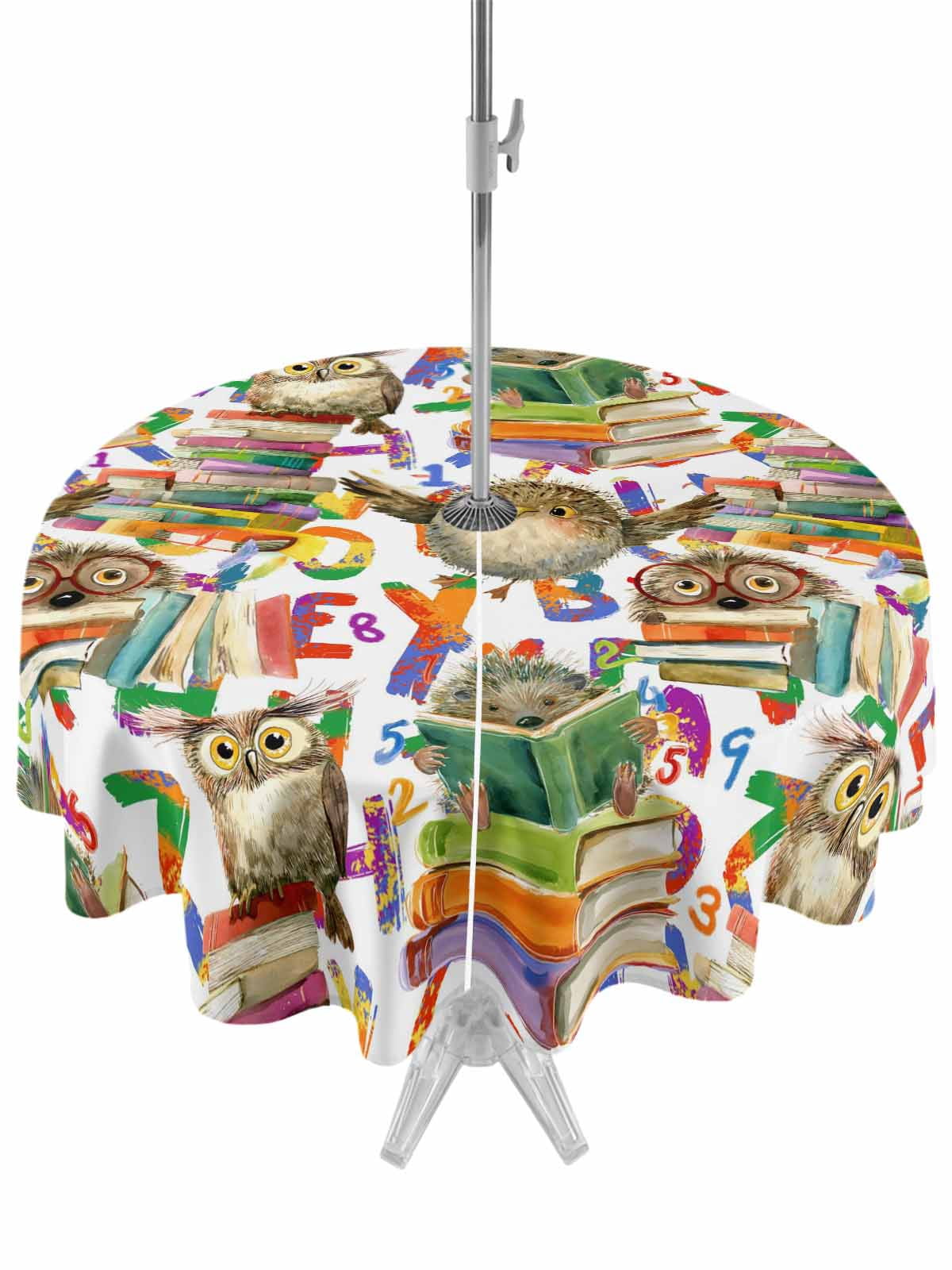 Cute Owls Round Outdoor Tablecloth with Umbrella Hole Green Books ...