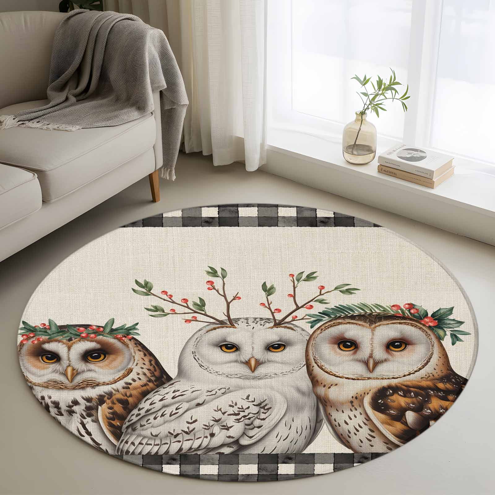 Cute Owls Round Rug 4ft Washable Circle Entryway Rugs Non Slip Winter ...