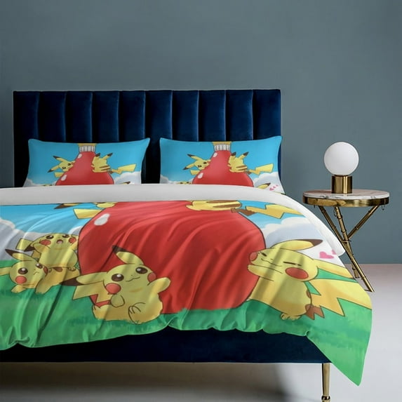 Cute P-okémon Pikachu Drink Duvet Cover Set,Bedding for Boys Girls Kids ...