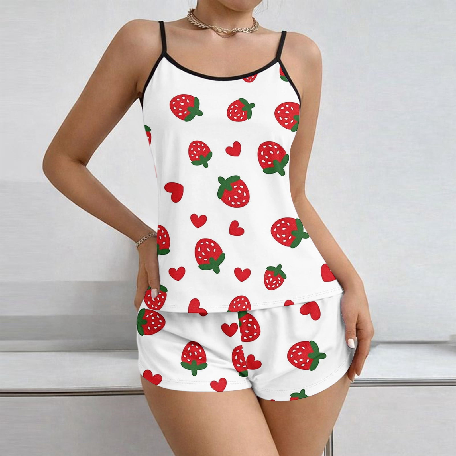Cute Pajama Sets for Women- 2 Piece Cute Strawberry Print Summer Cami ...