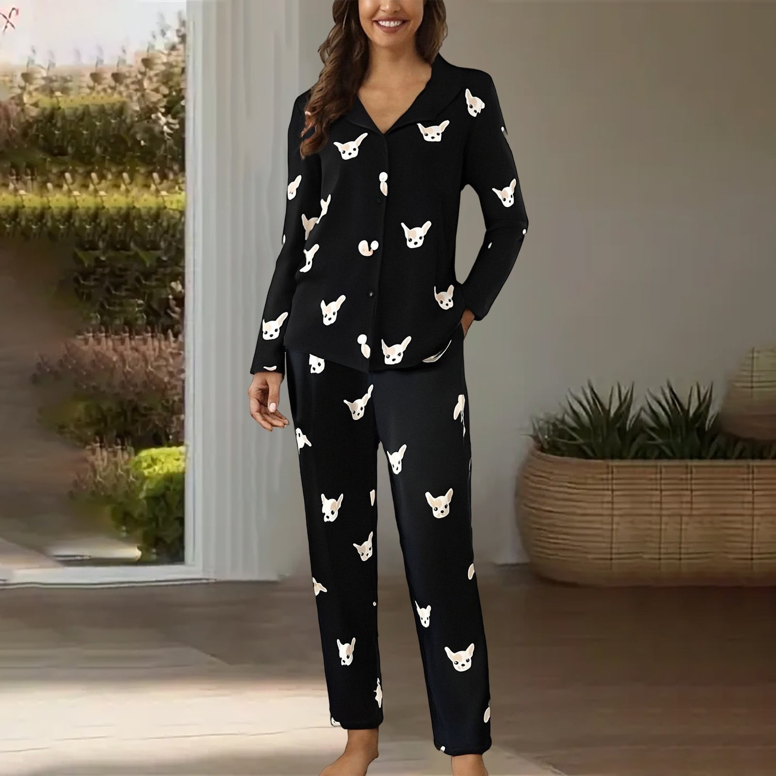 Cute Pajama Sets for Women, Polyester-Spandex Long Sleeve Pajamas ...