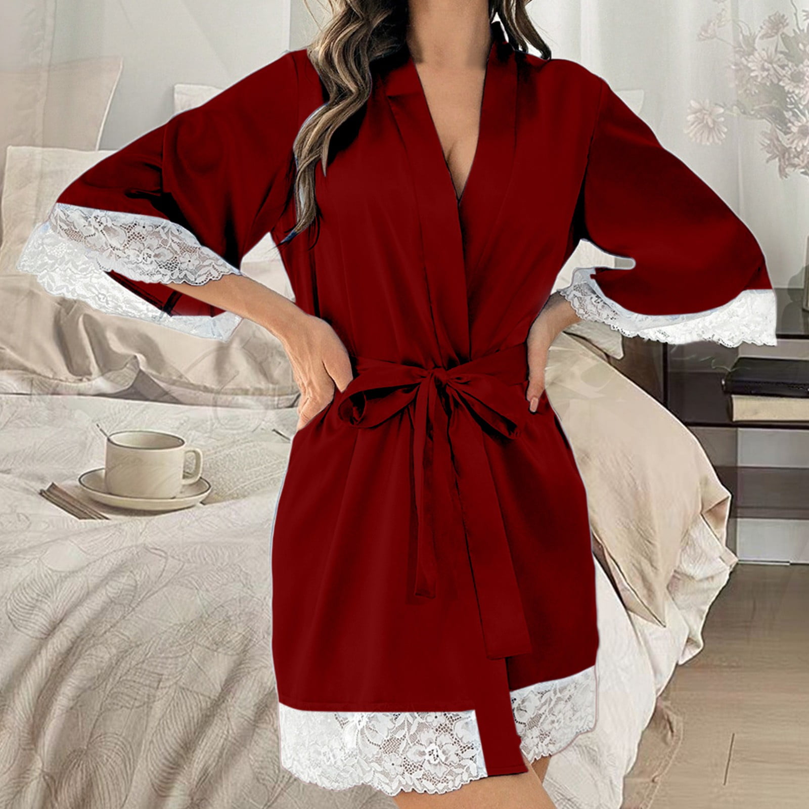 Cute Pajama Sets for Women, Silky Satin Short Kimono Robe, 3/4 Sleeves ...