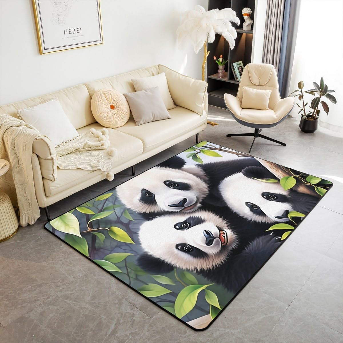 Cute Panda Area Rug for Bedroom Playroom Sofa Natural Bamboo Leaves ...
