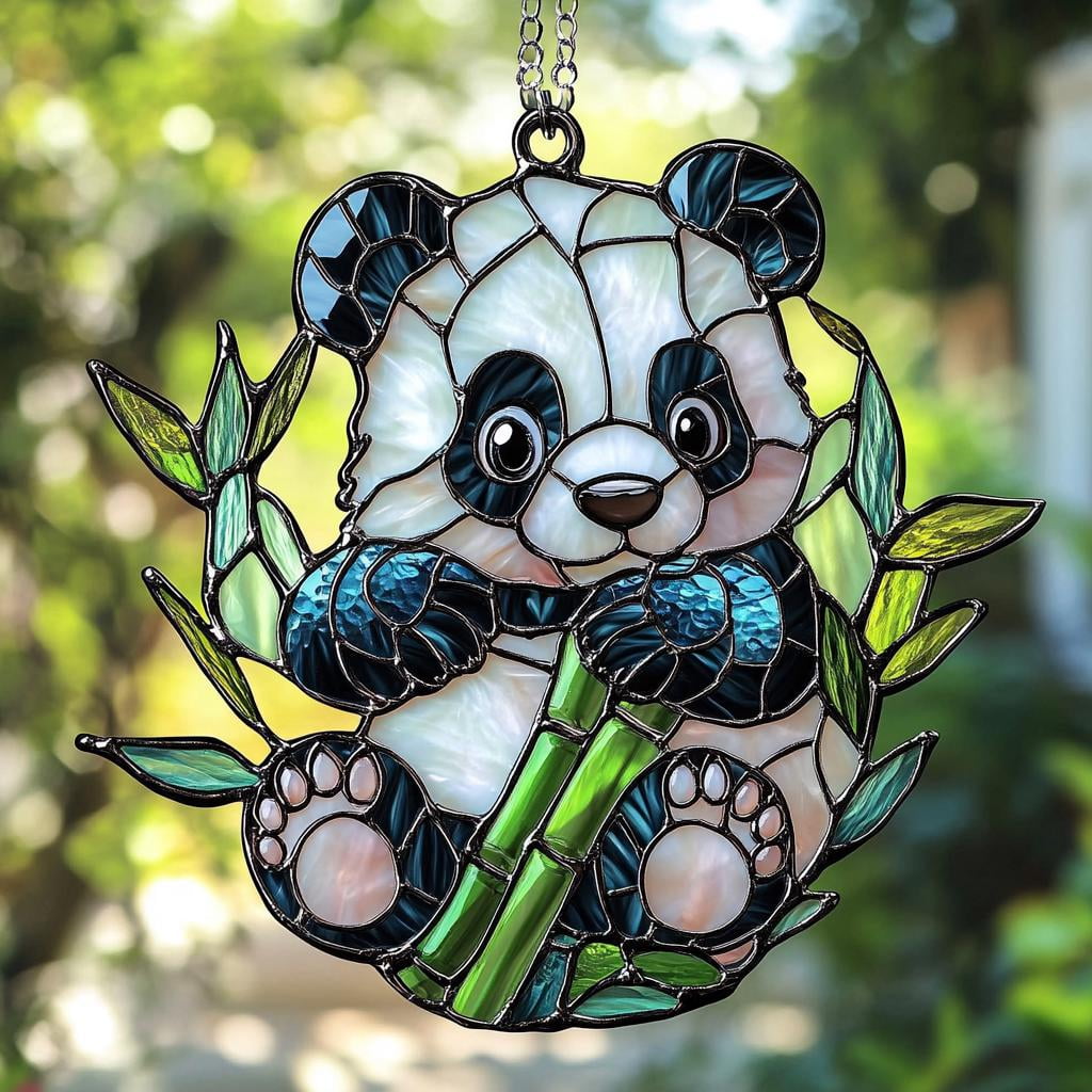 Cute Panda Bear Faux Wavy Acrylic Wavy Acrylic Suncatcher, Bamboo ...
