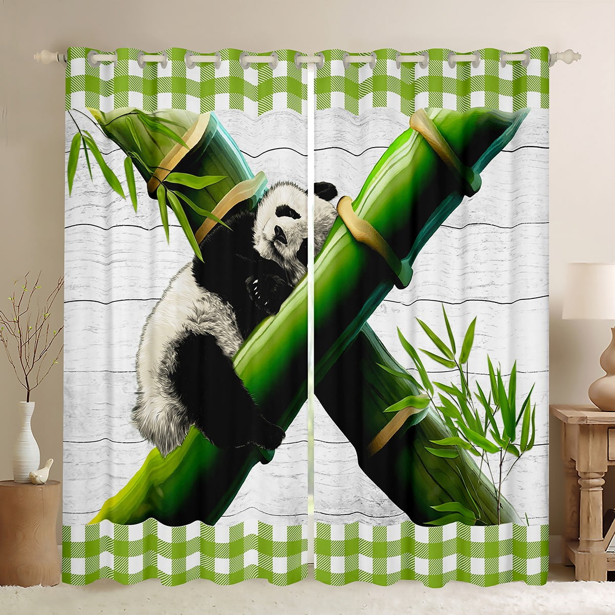 Cute Panda 30%-50% Blackout Curtains , Plaid Checkered Patchwork ...