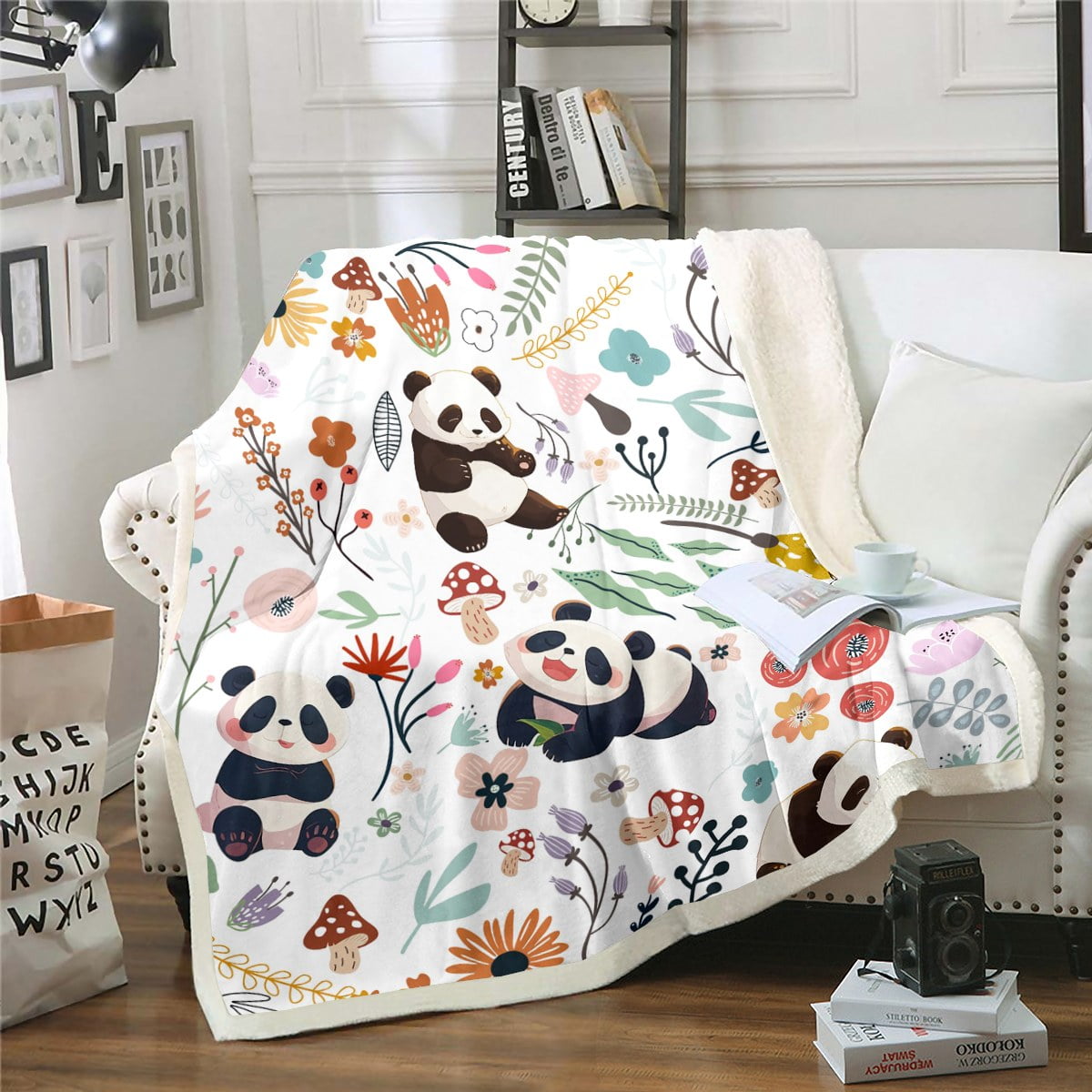 Cute Panda Blanket Mushroom Floral Throw Blanket 90"x90",Cartoon Bear ...