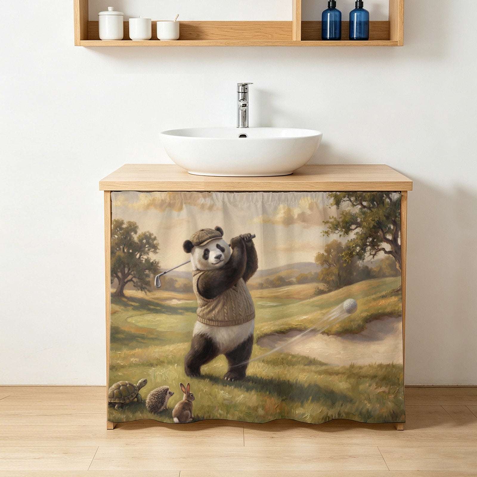 Cute Panda Cabinet Curtains 10" W x 11" L, Watercolor Pastoral Scenery ...