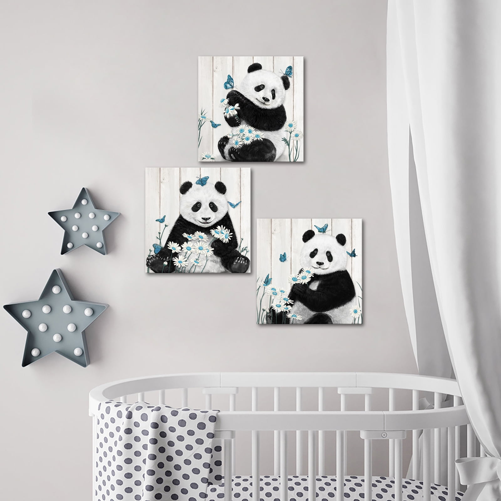 Cute Panda Canvas Wall Art Panda Blue Flower Painting Artwork for Kids ...