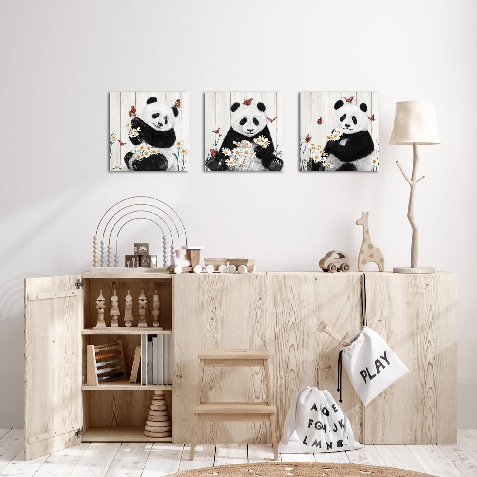 Cute Panda Canvas Wall Art Panda Orange Flower Painting Artwork for ...