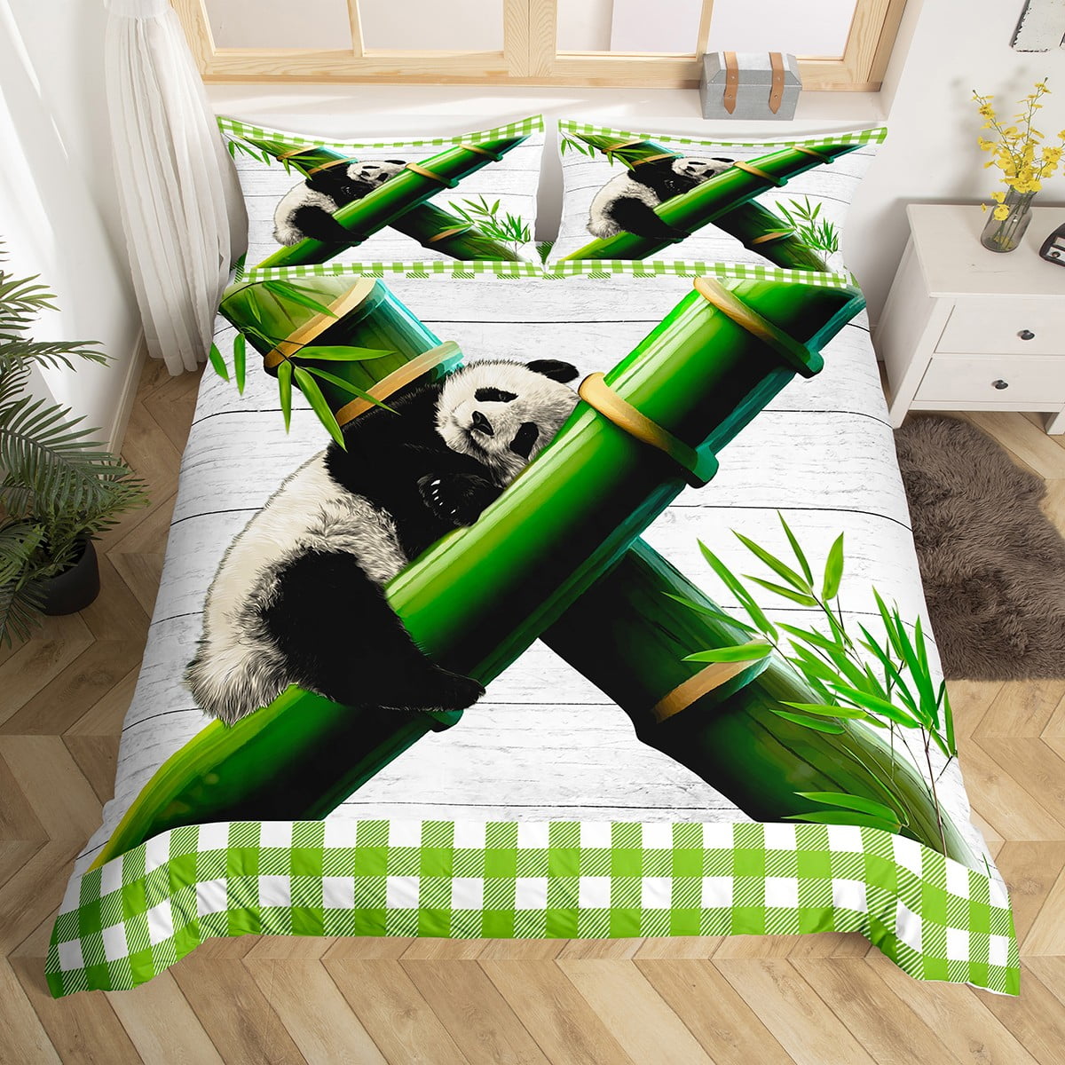 Cute Panda Comforter Cover , Plaid Checkered Patchwork Bedding Set ...