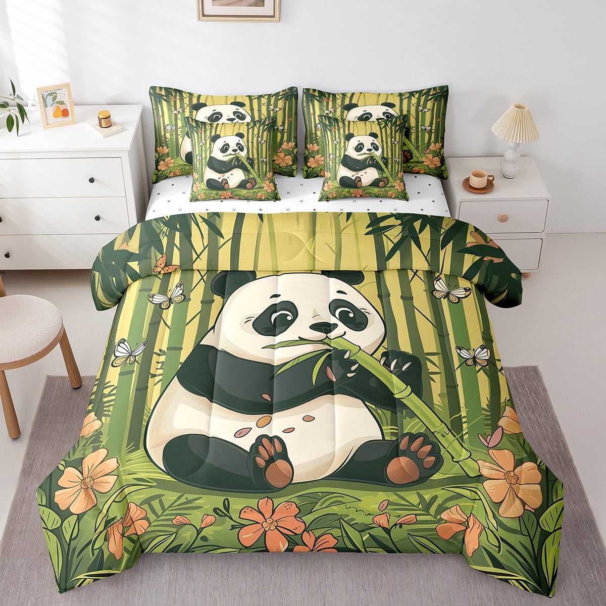 Cute Panda Comforter Set Botanical Bamboo Green Leaf Bedding Queen For ...