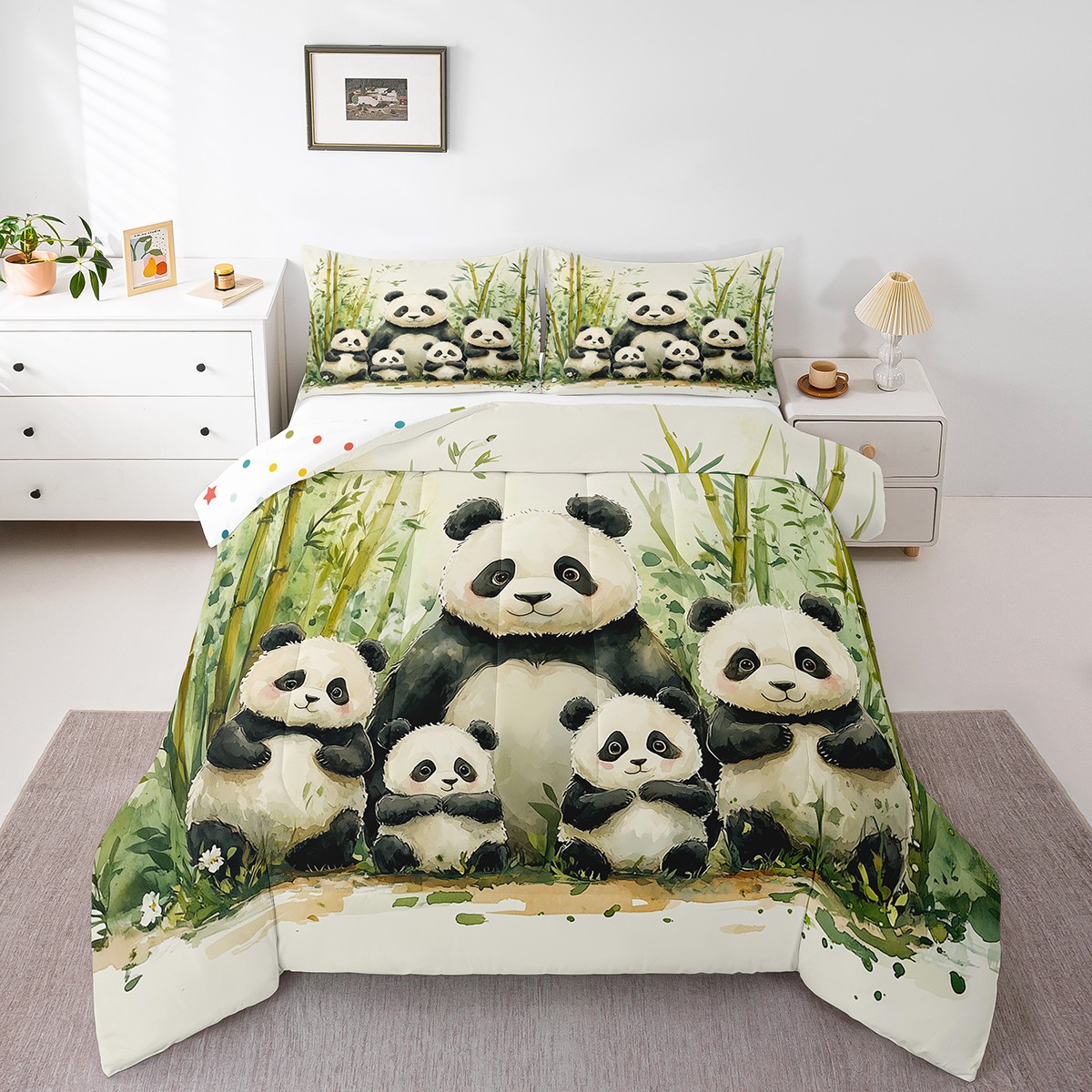 Cute Panda Comforter Set King Size Watercolor Nature Leaves Bedding ...