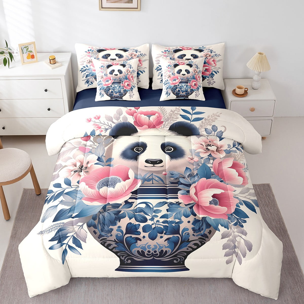 Cute Panda Comforter Set Queen,Watercolor Botanical Leaf Floral Bedding ...
