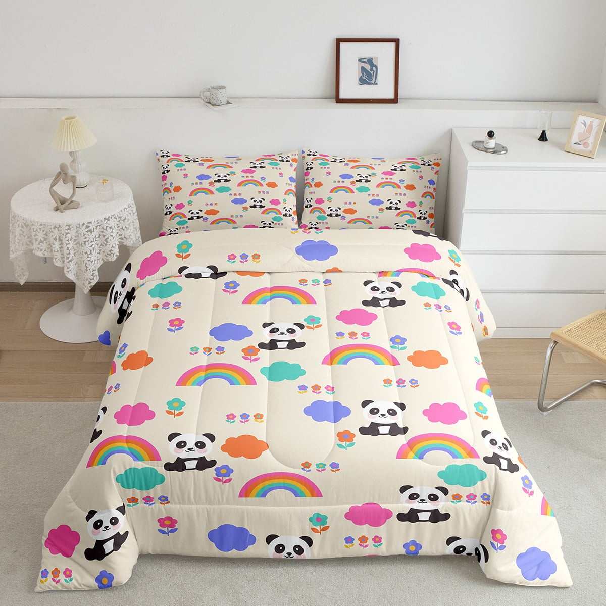 Cute Panda Comforter Twin Chic Floral Bedding Set, Kawaii Animal Down ...