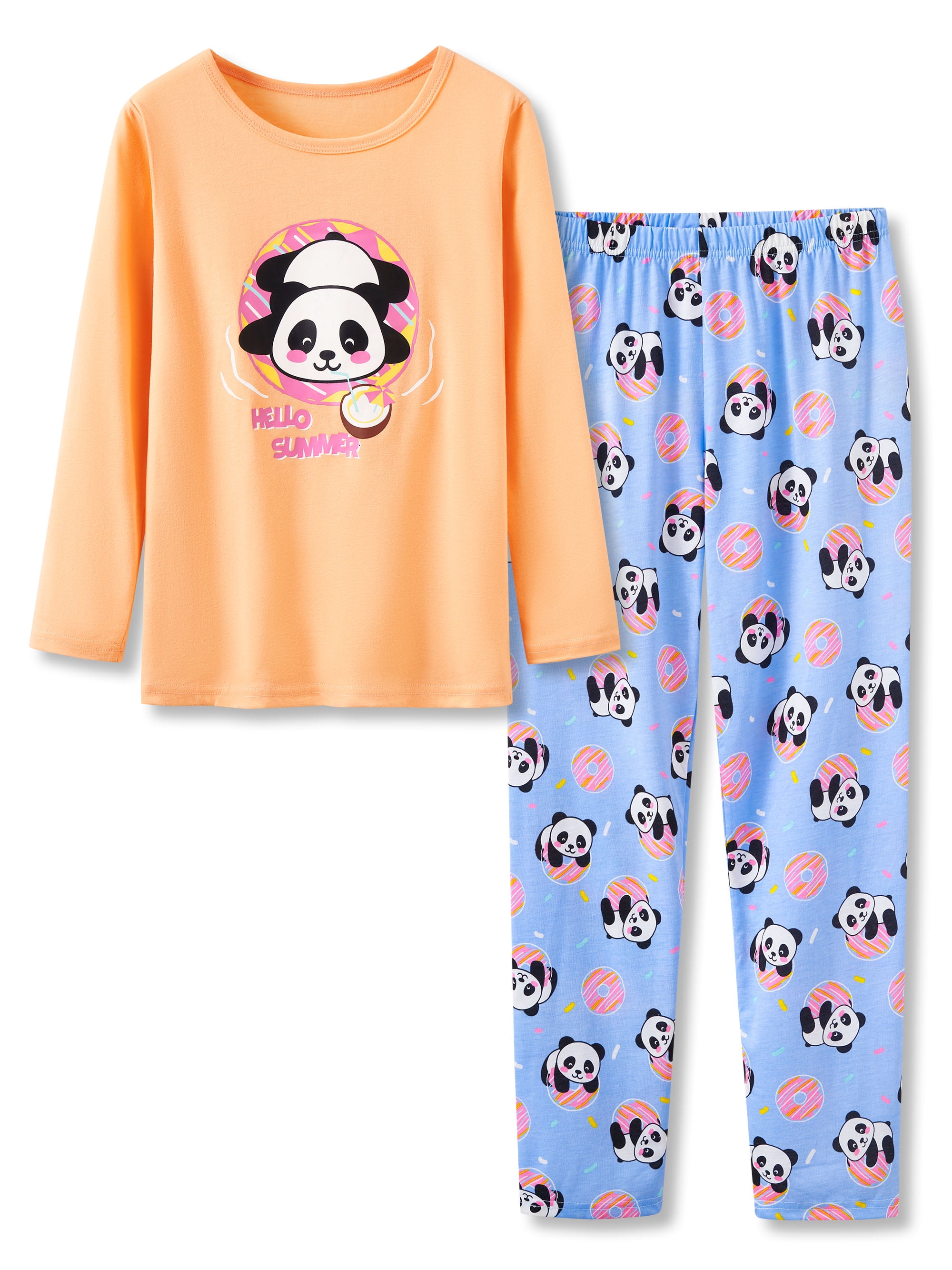 Cute Panda & Donut Pajama Set for Girls Cotton Blend Long Sleeves ...
