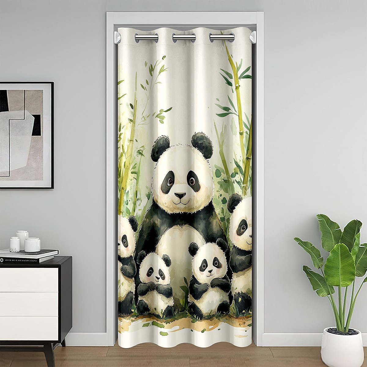 Cute Panda Door Curtain Watercolor Nature Leaves Doorway Curtain for ...