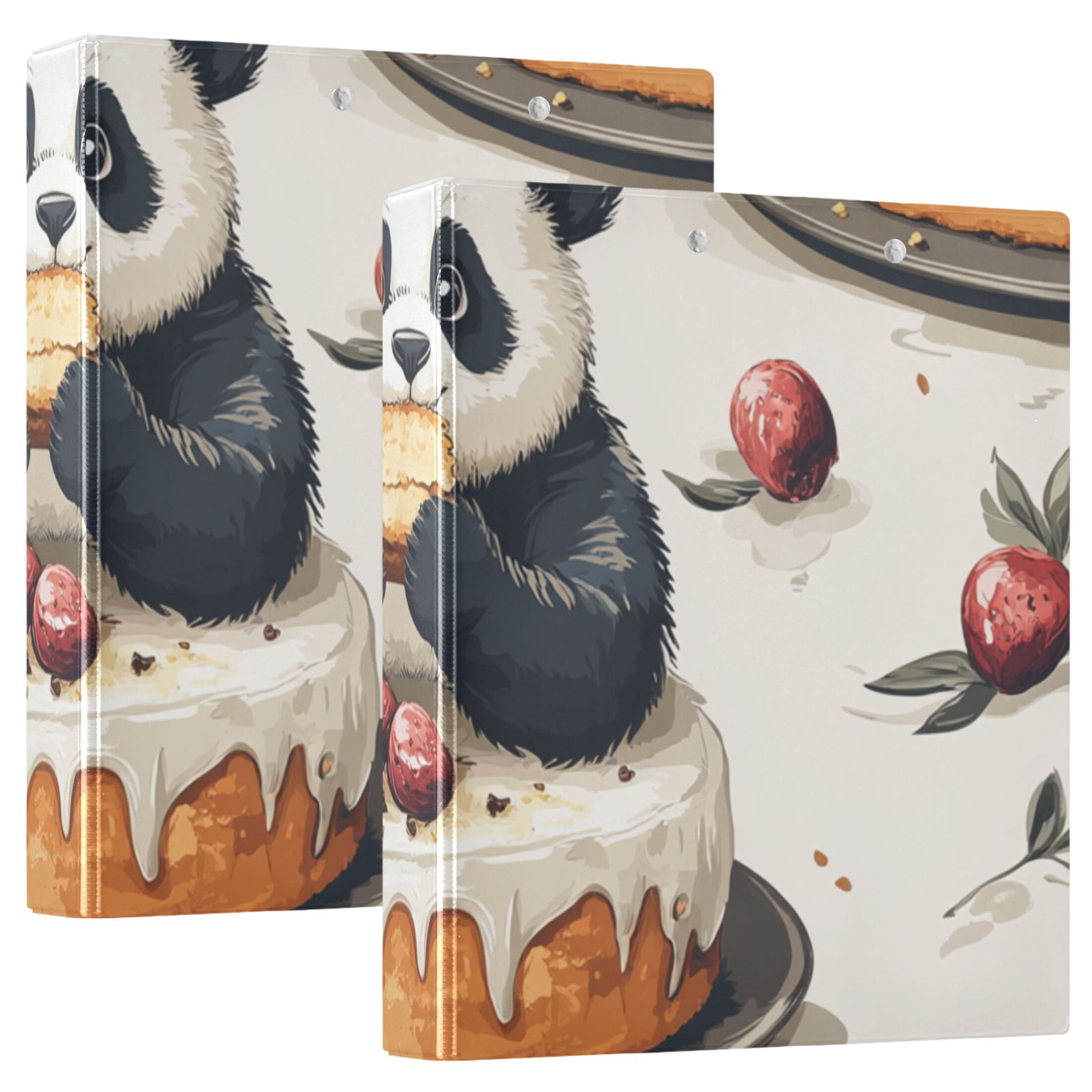 Cute Panda Eating Cakes Leaves Strawberries Round Ring Binder 3 Rings 1 ...