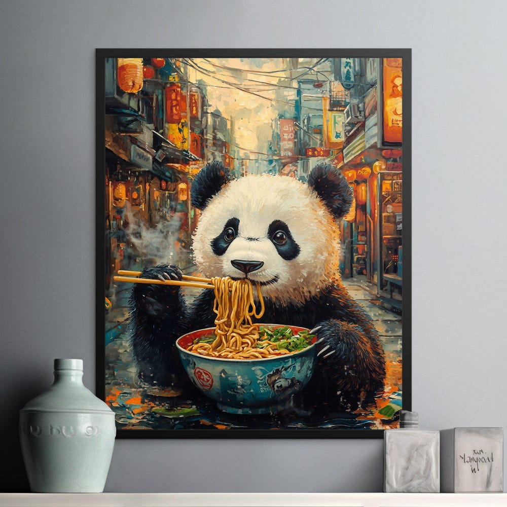 Cute Panda Eating Ramen Poster, Fun Animal Art, Cute Panda Wall Decor ...