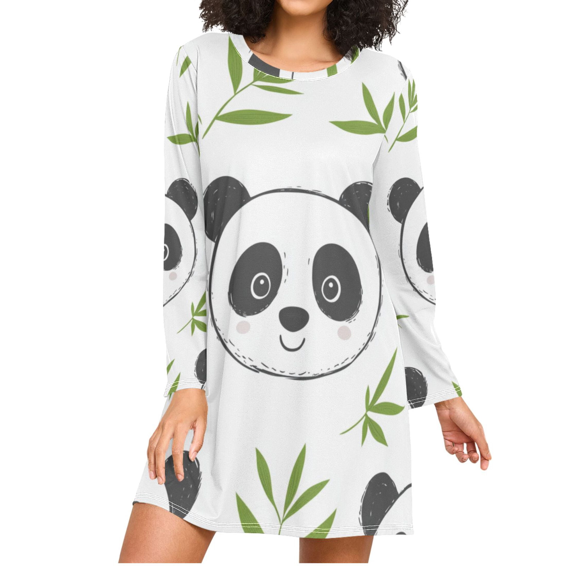 Cute Panda Faces Leaves Women's Long Sleeves Nightgowns Sleepwear Soft ...