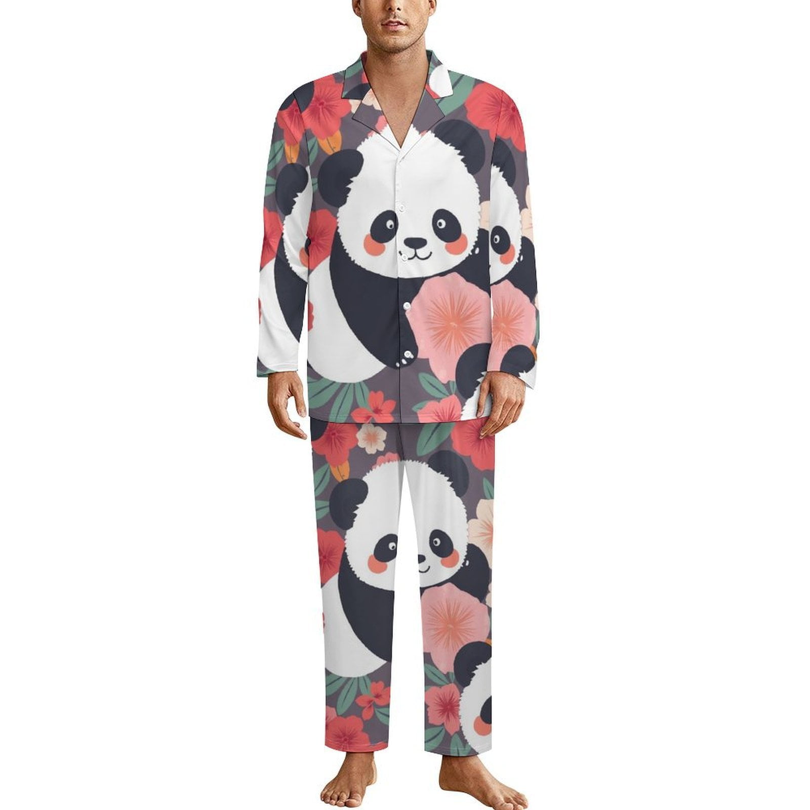Cute Panda Floral Print Pajama Set Autumn Soft Home Sleepwear Man 2 ...