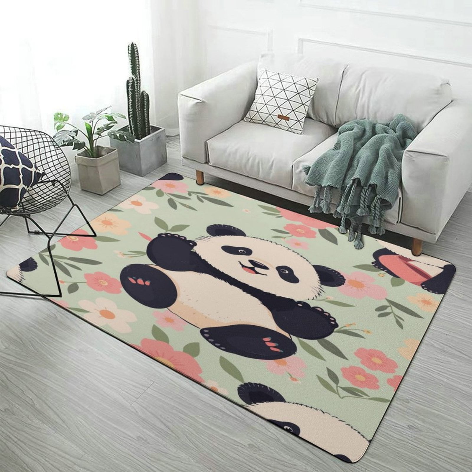 Cute Panda Flowers Pattern Carpet Area Rug Room Living Room Bedroom ...