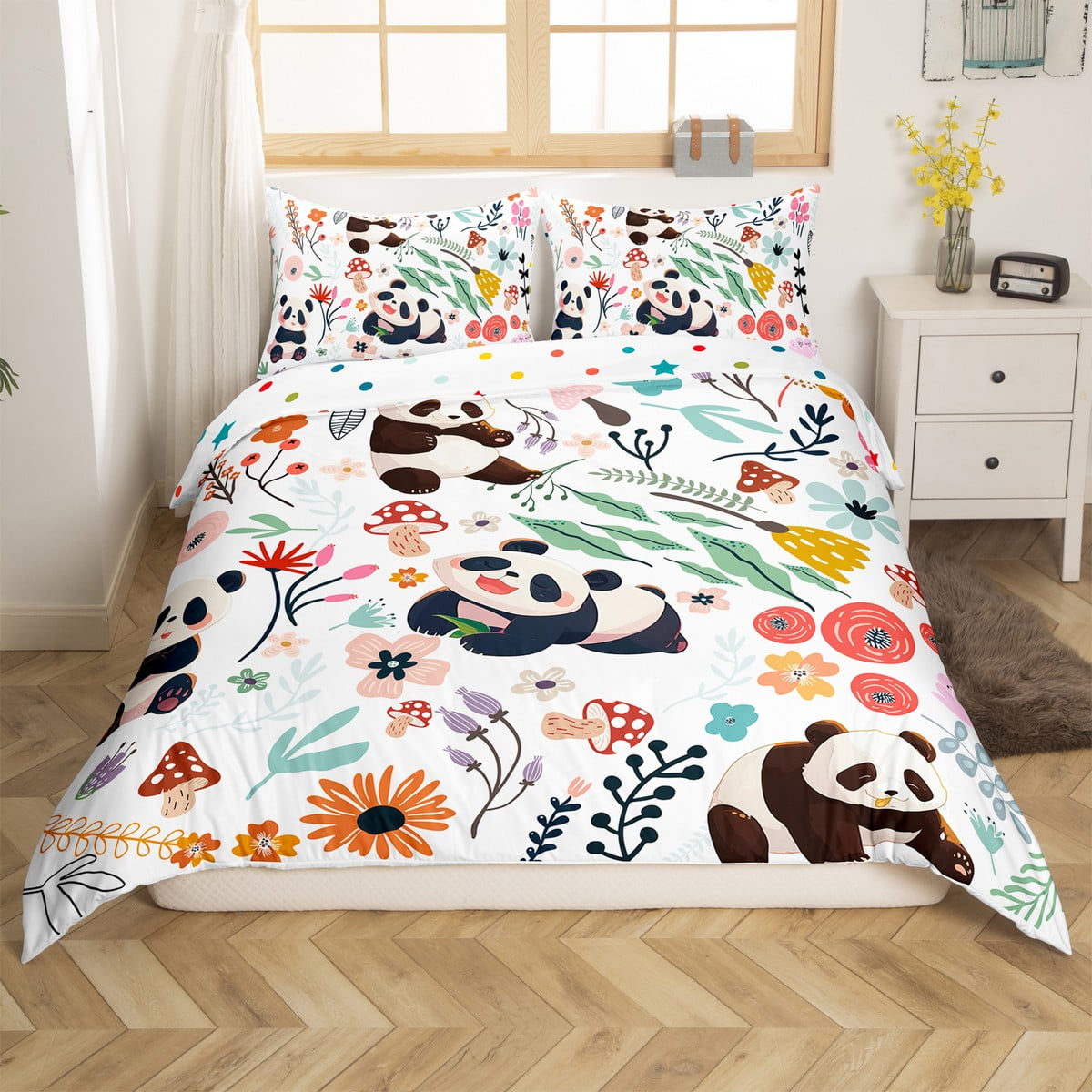 Cute Panda Full Bedding Sets for Boys,Mushroom Floral Comforter Cover ...