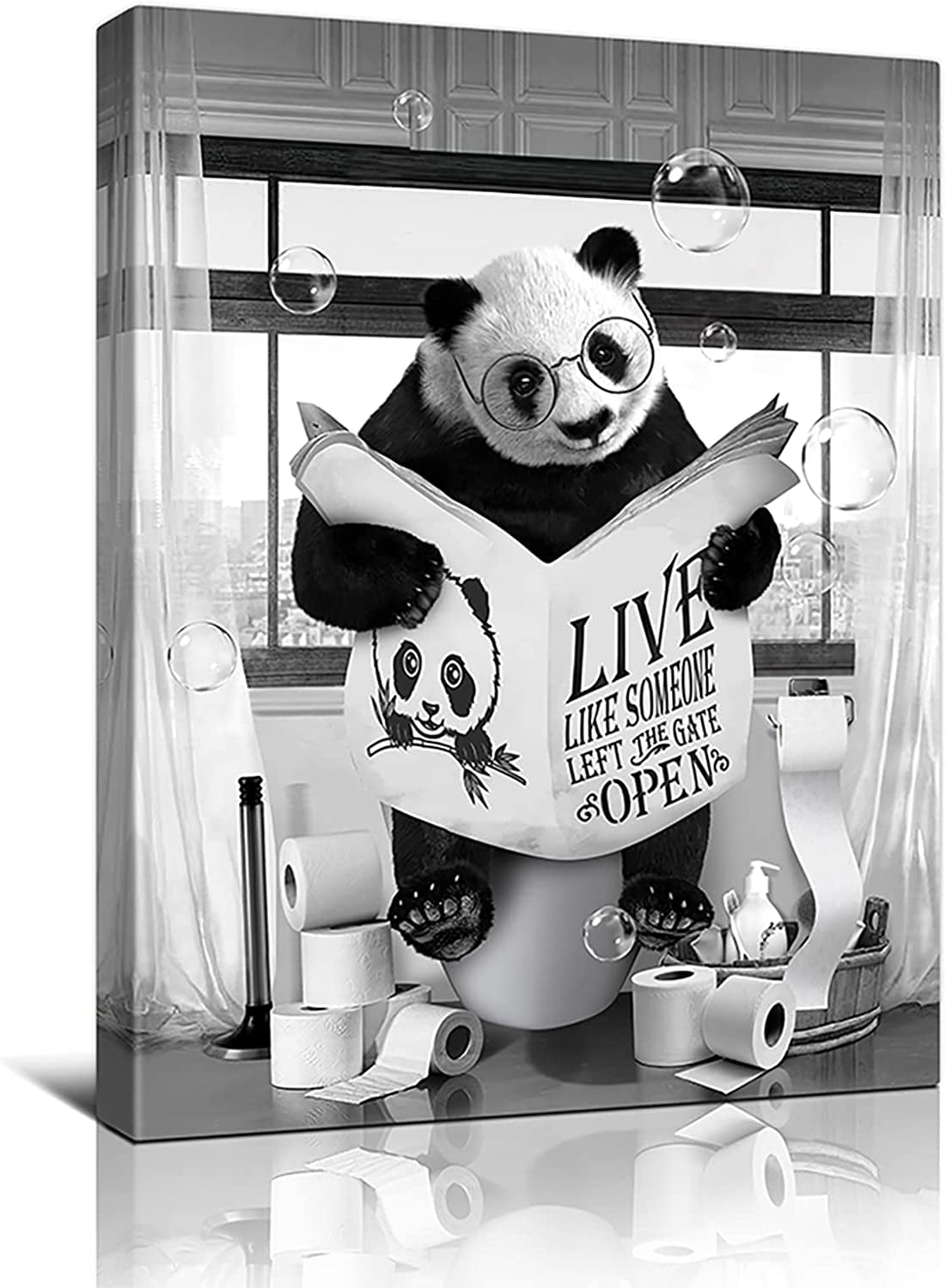 Cute Panda Funny Animal Wall Art Black And White Bathroom Wall Decor ...