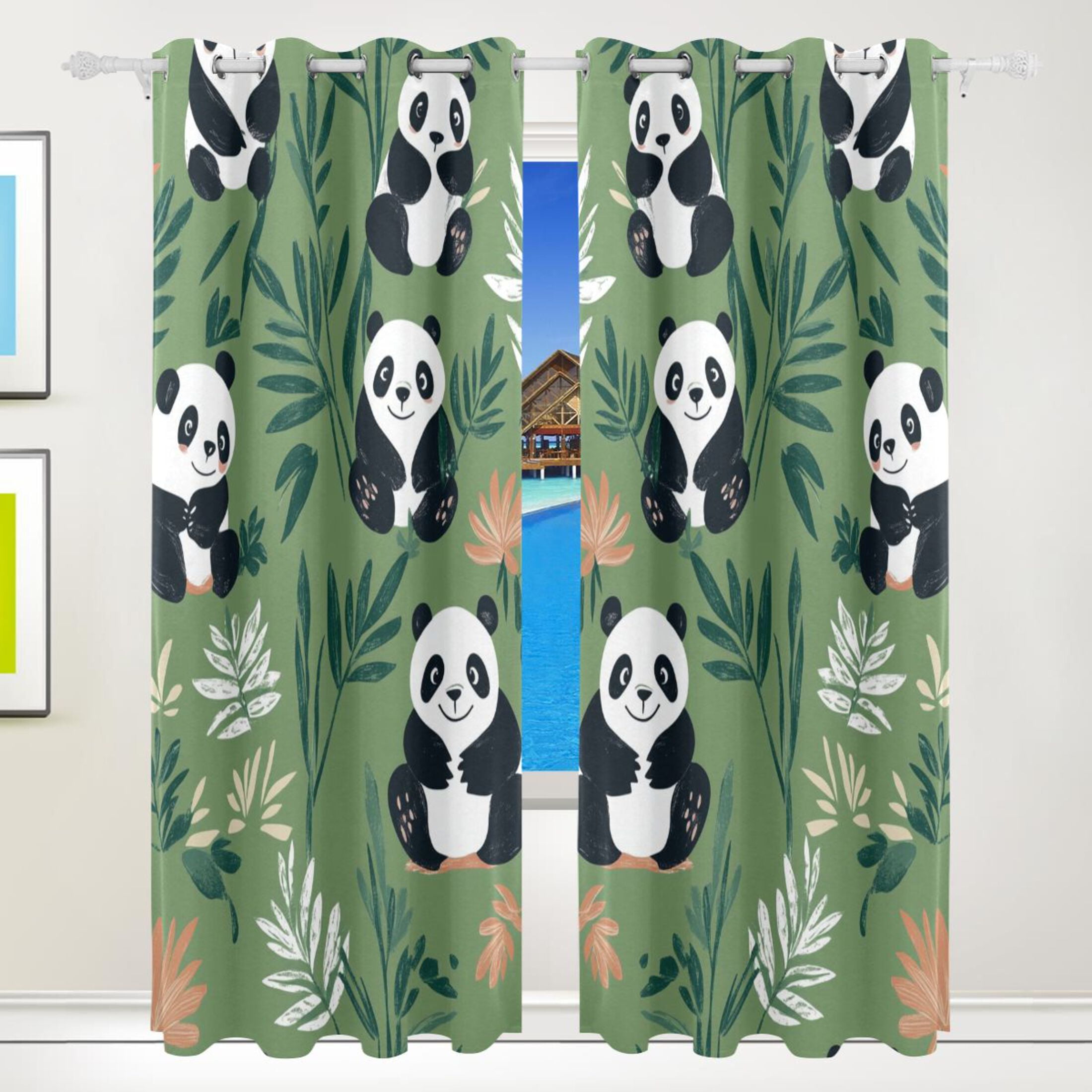 Cute Panda Green Bottom Blackout Curtains for Living Room Bedroom 55W x ...