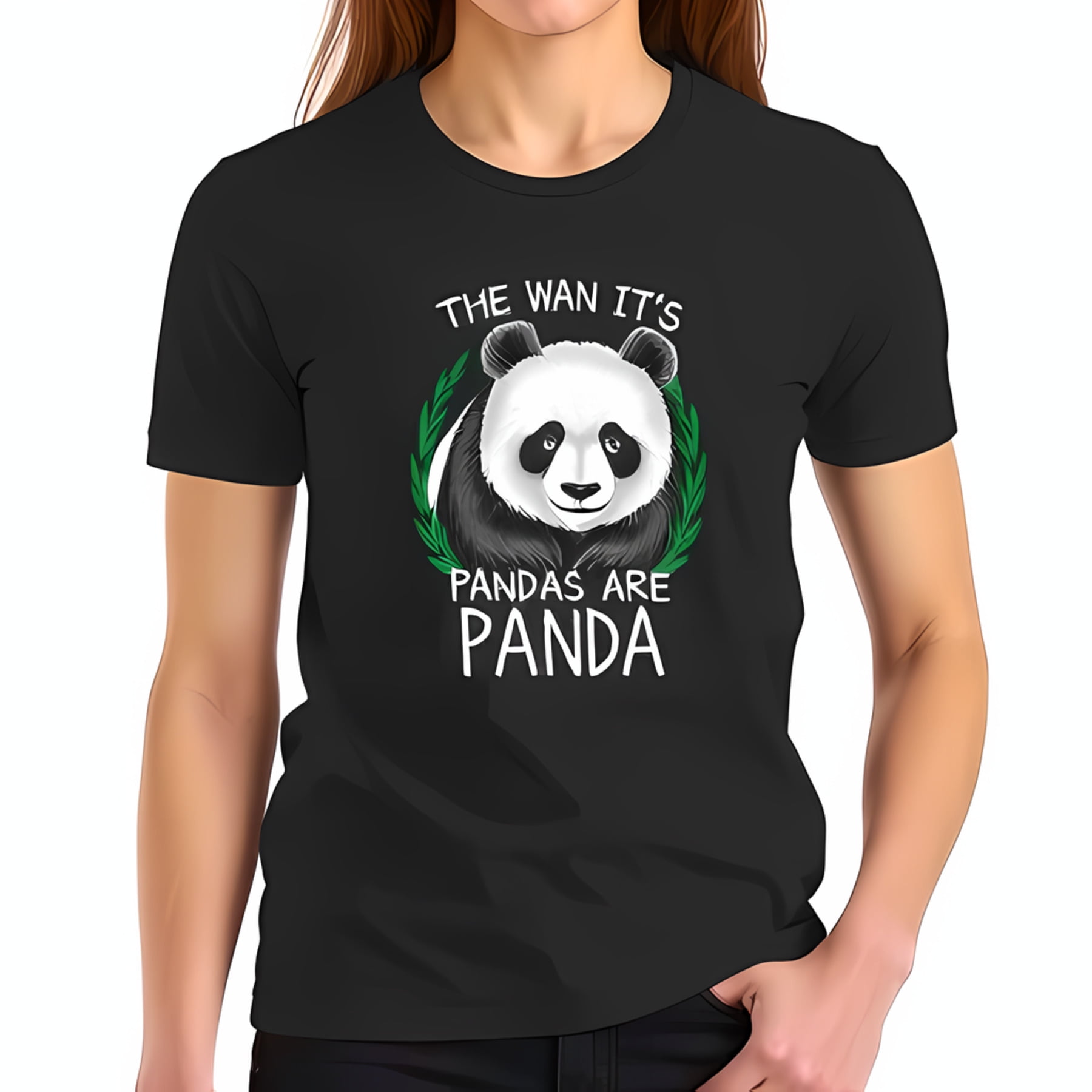 Cute Panda Illustration Black Cotton Short Sleeve T-Shirt with Whimsical 'The wan it's Pandas ...