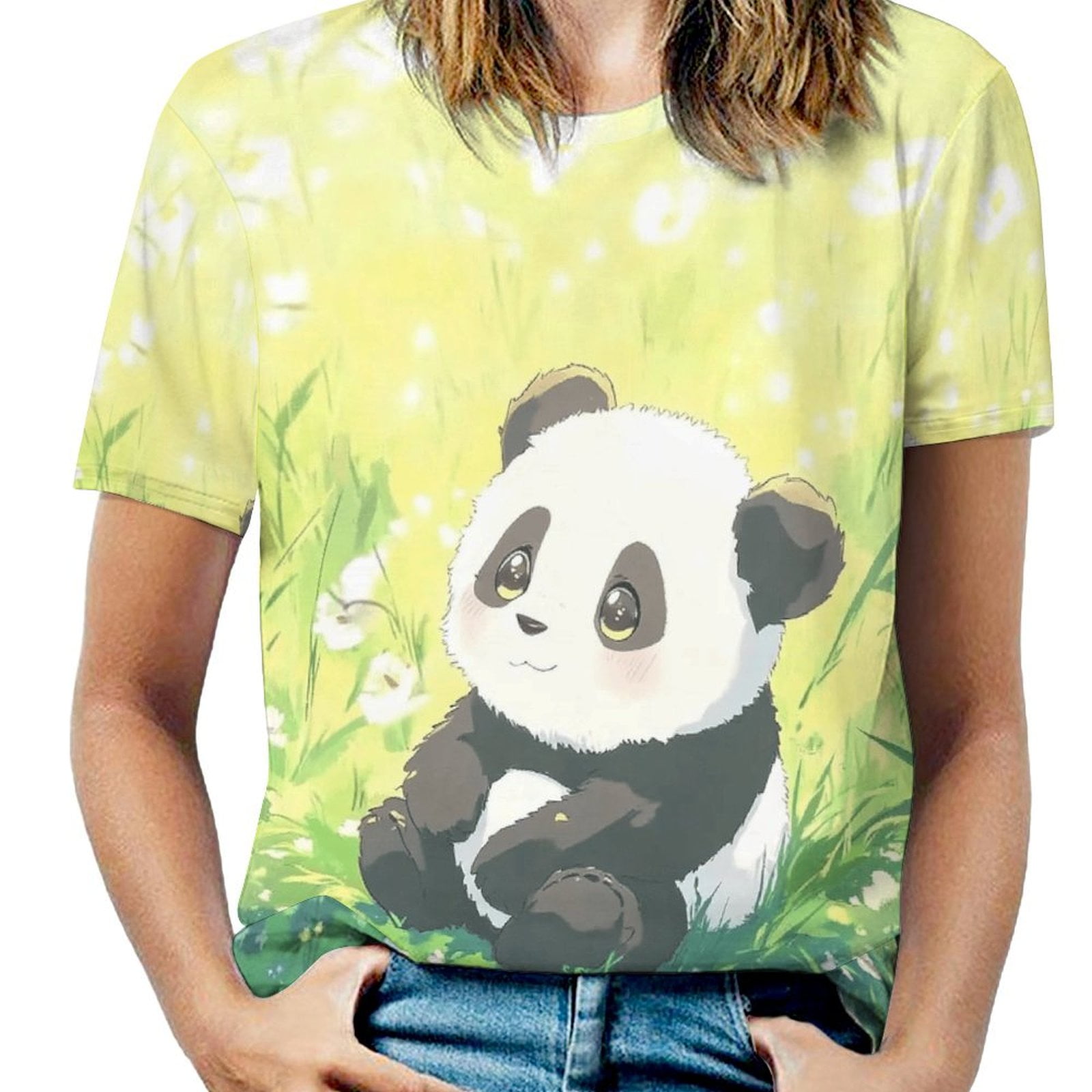 Cute Panda Meadow Women's Short Sleeve T-Shirt Crew Neck Casual Summer ...