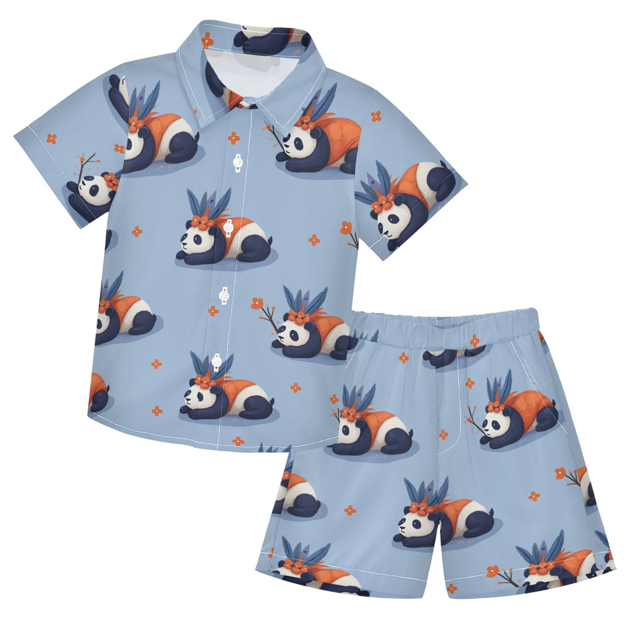 Cute Panda Pattern Boys' Hawaiian Shorts Sets Button Down Shirts 3T-10Y ...