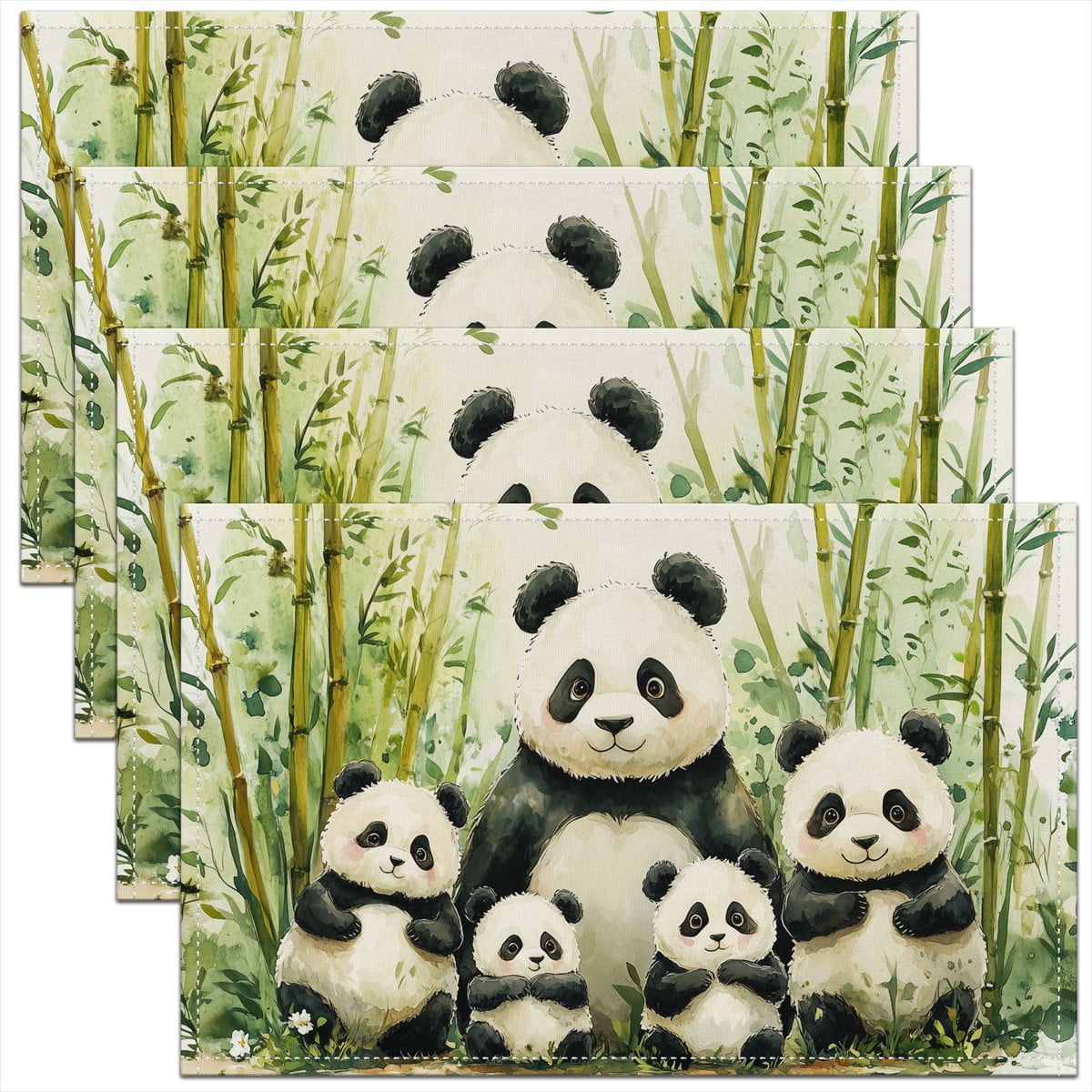 Cute Panda Place Mats 12x18 Inch Set of 4 Watercolor Nature Leaves ...