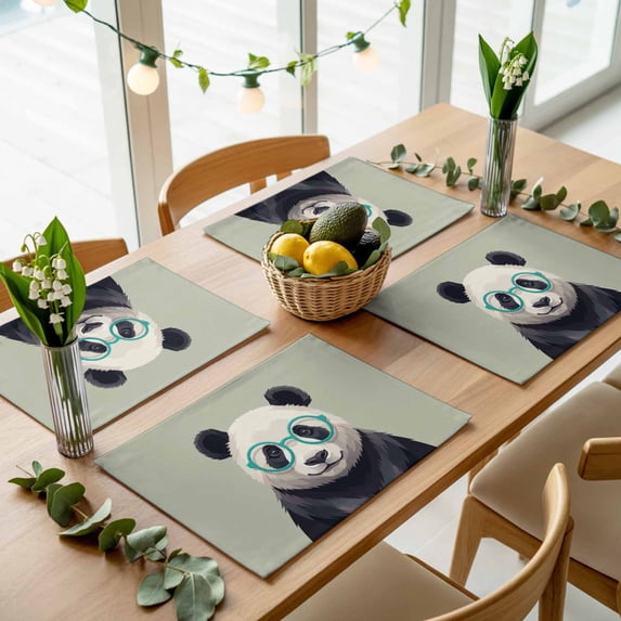 Cute Panda on Sage Green Placemats Set of 4,Wipeable Washable Table ...