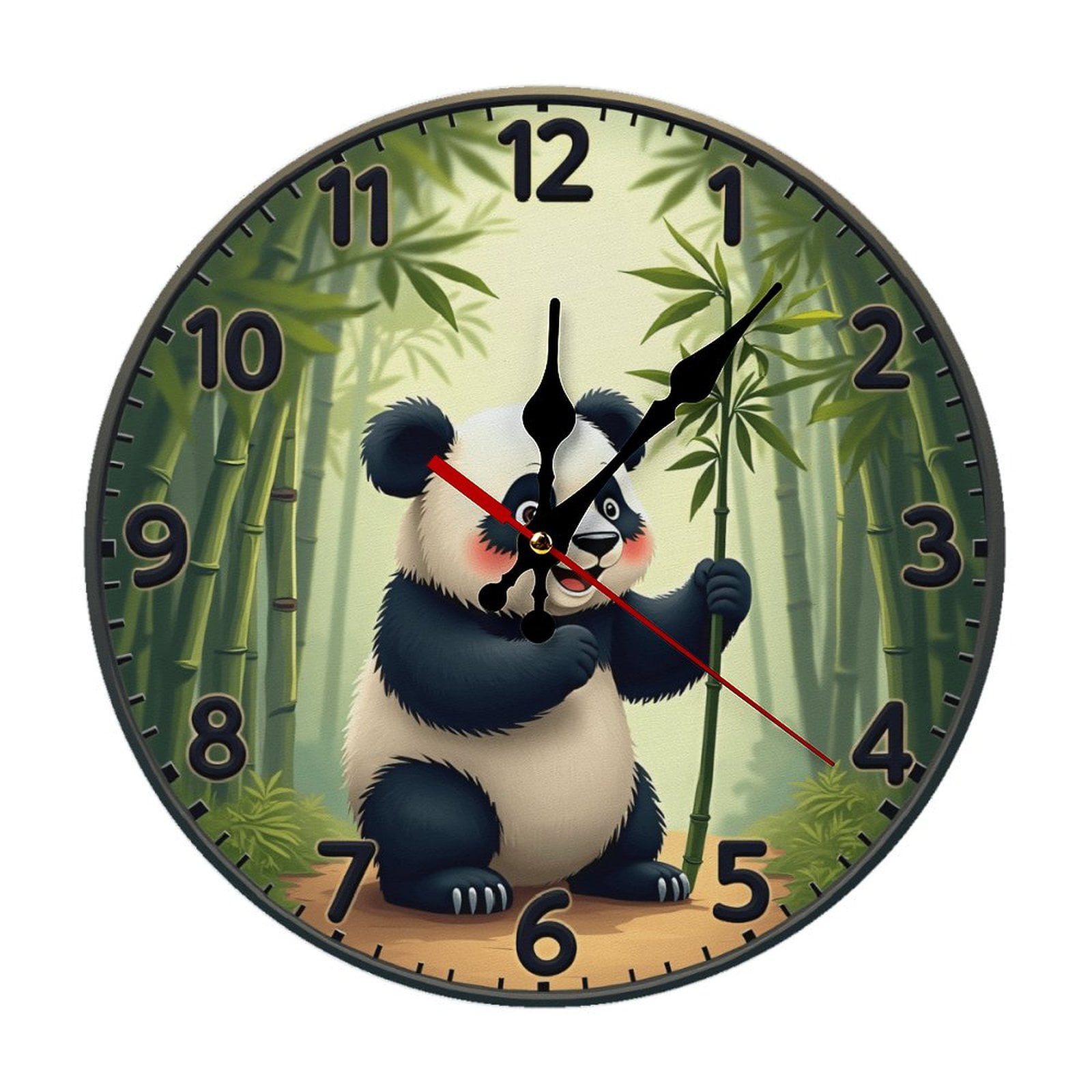 Cute Panda Wall Clock 10 Inch Silent Non Ticking Round Wooden Clock ...