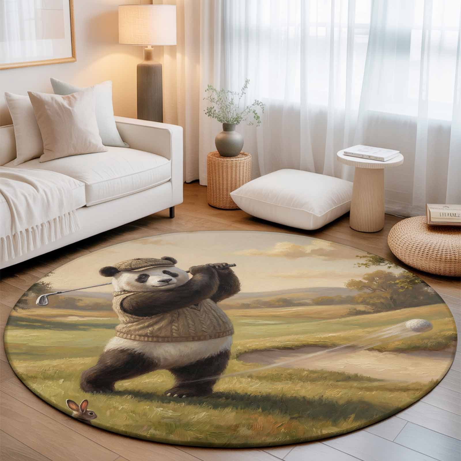 Cute Panda Washable Round Area Rug 8 ft, Watercolor Pastoral Scenery ...