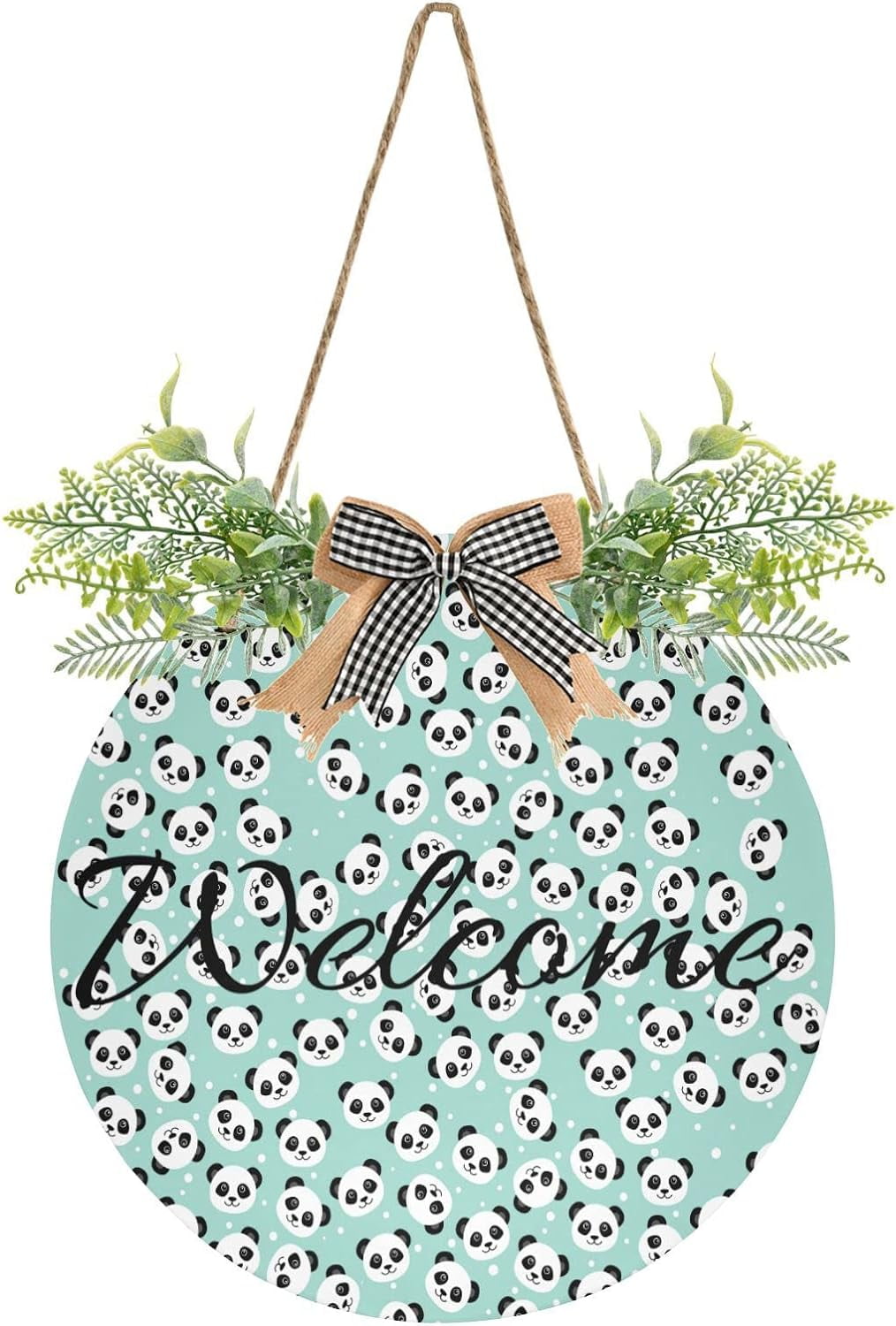 Cute Panda Welcome Sign for Front Door, Round Sign Hanging Welcome Sign ...